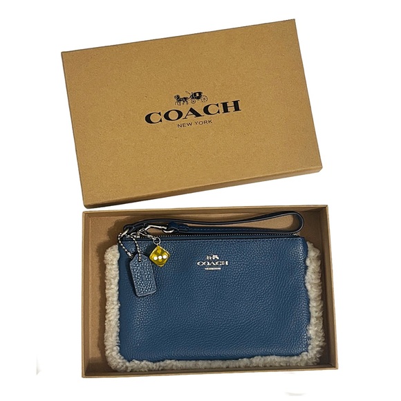 Coach | Bags | Coach Navy Shearling Small Wristlet Pebbled Leather W ...